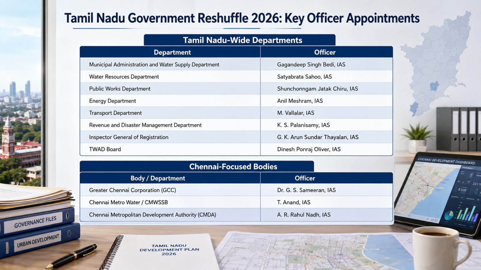 Tamil Nadu Government Reshuffle 2026: New Heads for GCC, Metro Water ...